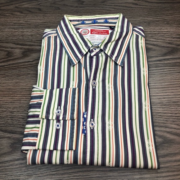 Robert Graham | Shirts | Robert Graham Ivory Navy Green Stripe Shirt L ...